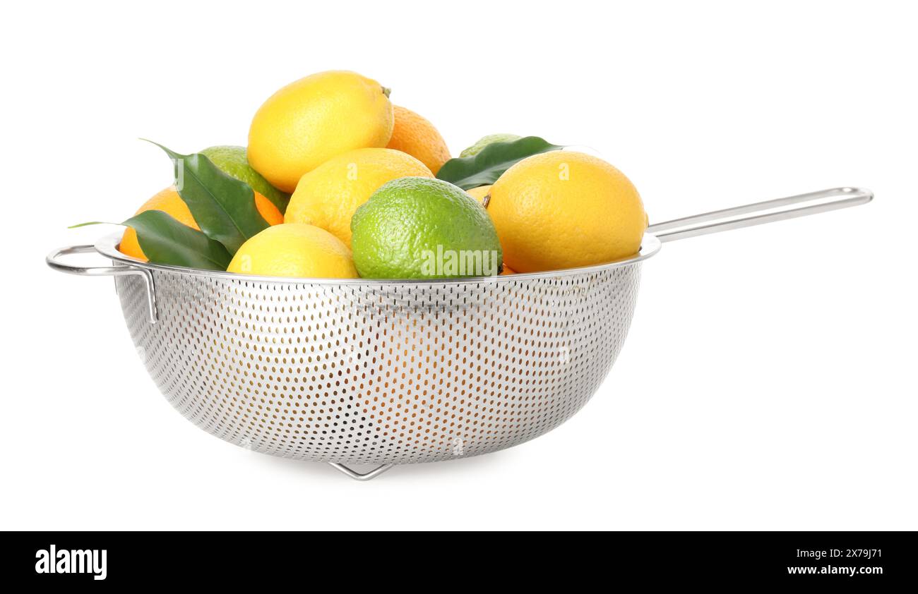 Metal colander with citrus fruits isolated on white Stock Photo - Alamy
