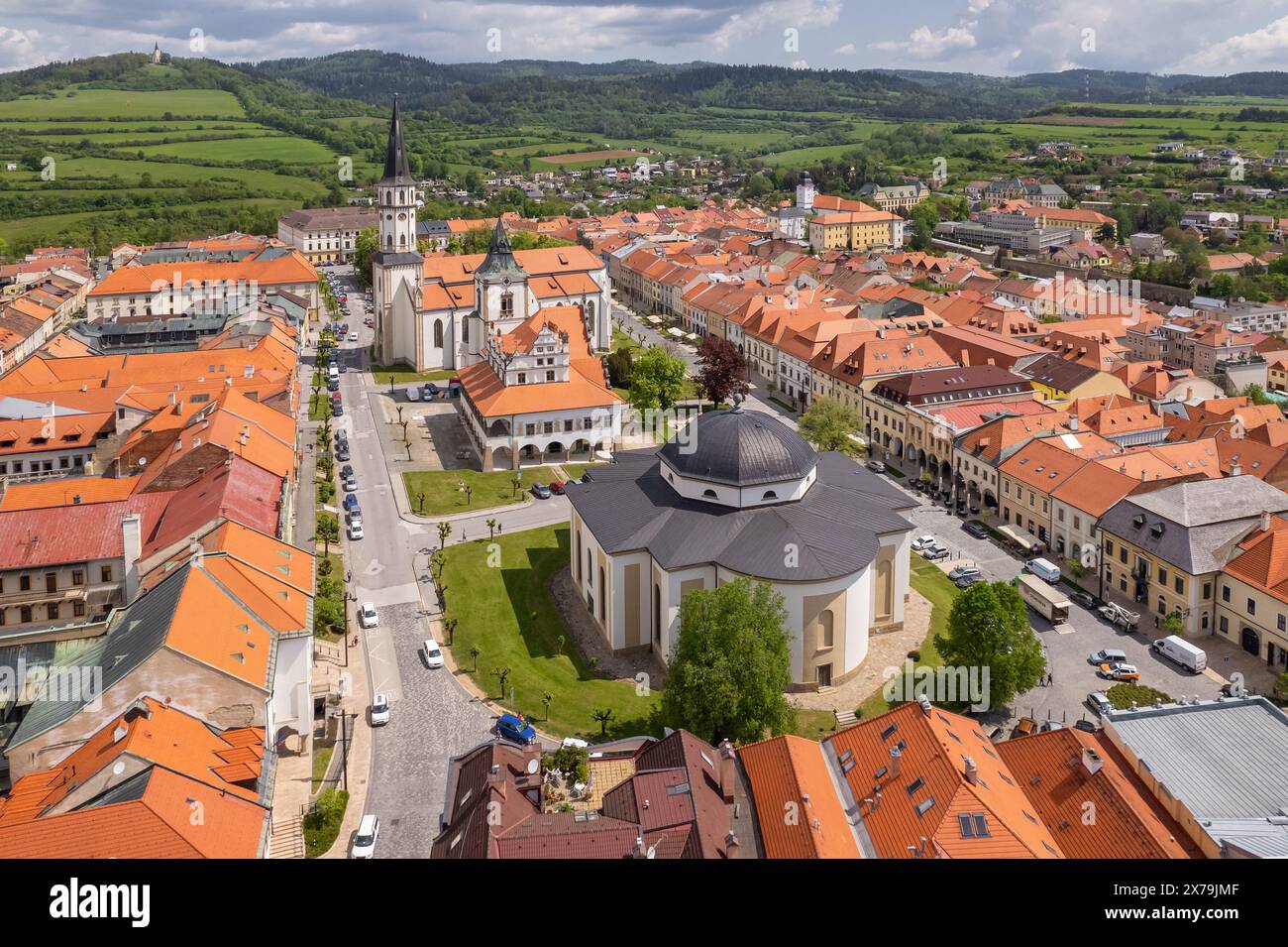 Aerial view of the historic center of Levoca town in summer, Slovakia ...