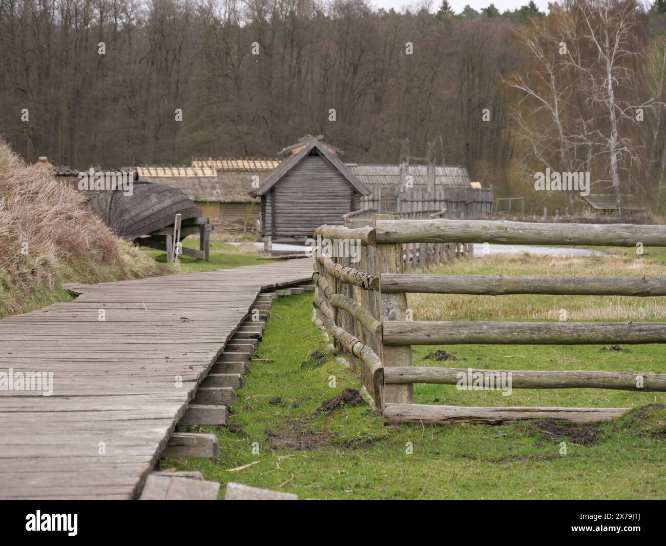 Wooden footbridge and Slavic bridge house in an open-air museum in ...