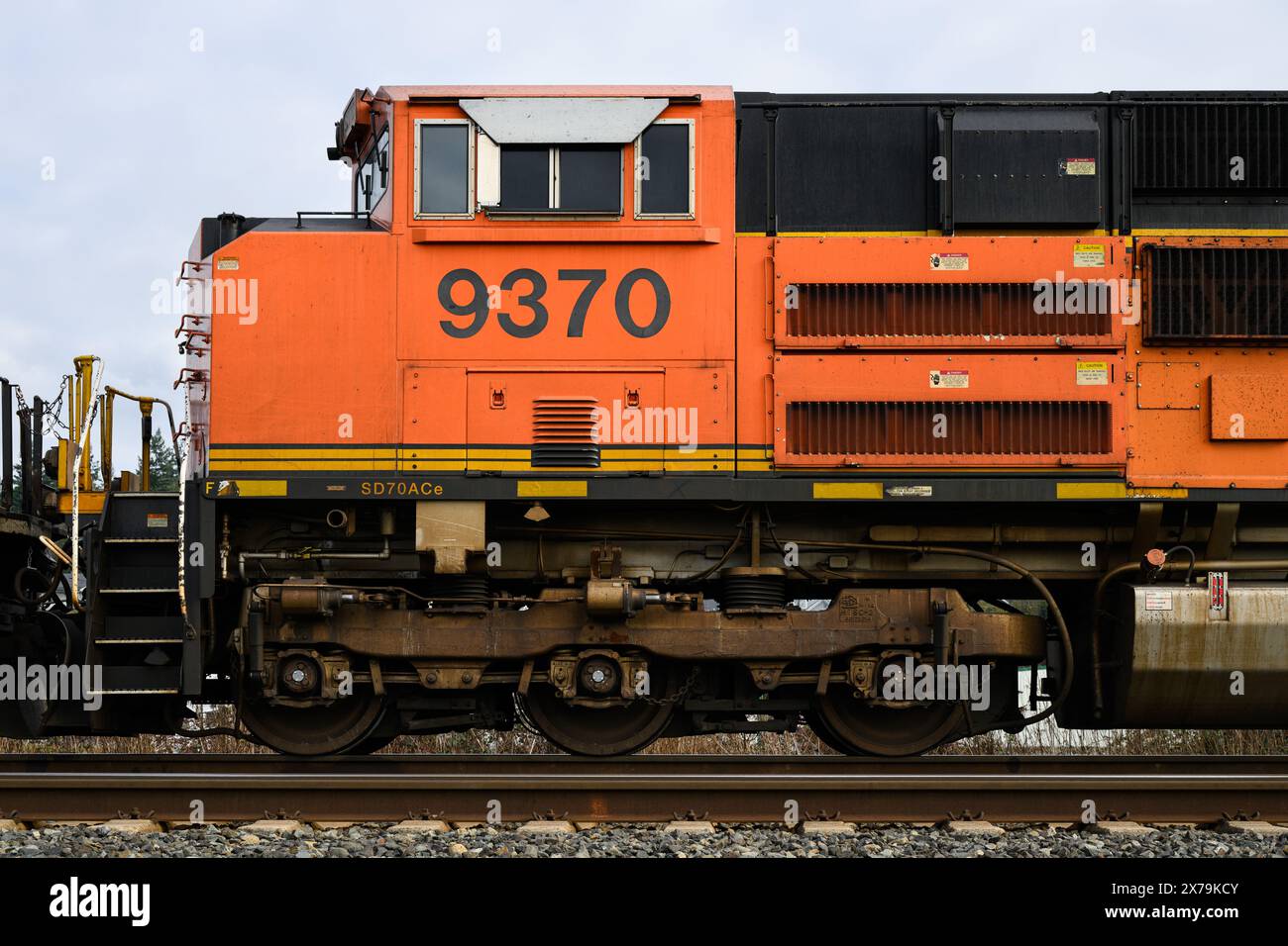 Stanwood, WA, USA - February 7, 2024; Side of orange BNSF train cab of SD70ACe locomotive Stock ...