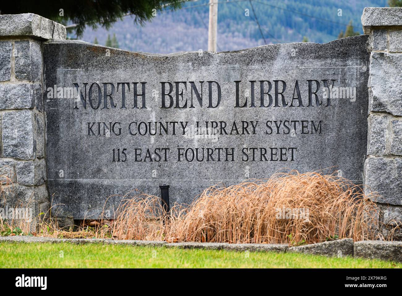 North Bend, Wa, USA - January 1, 2024; Stone sign with name and ...