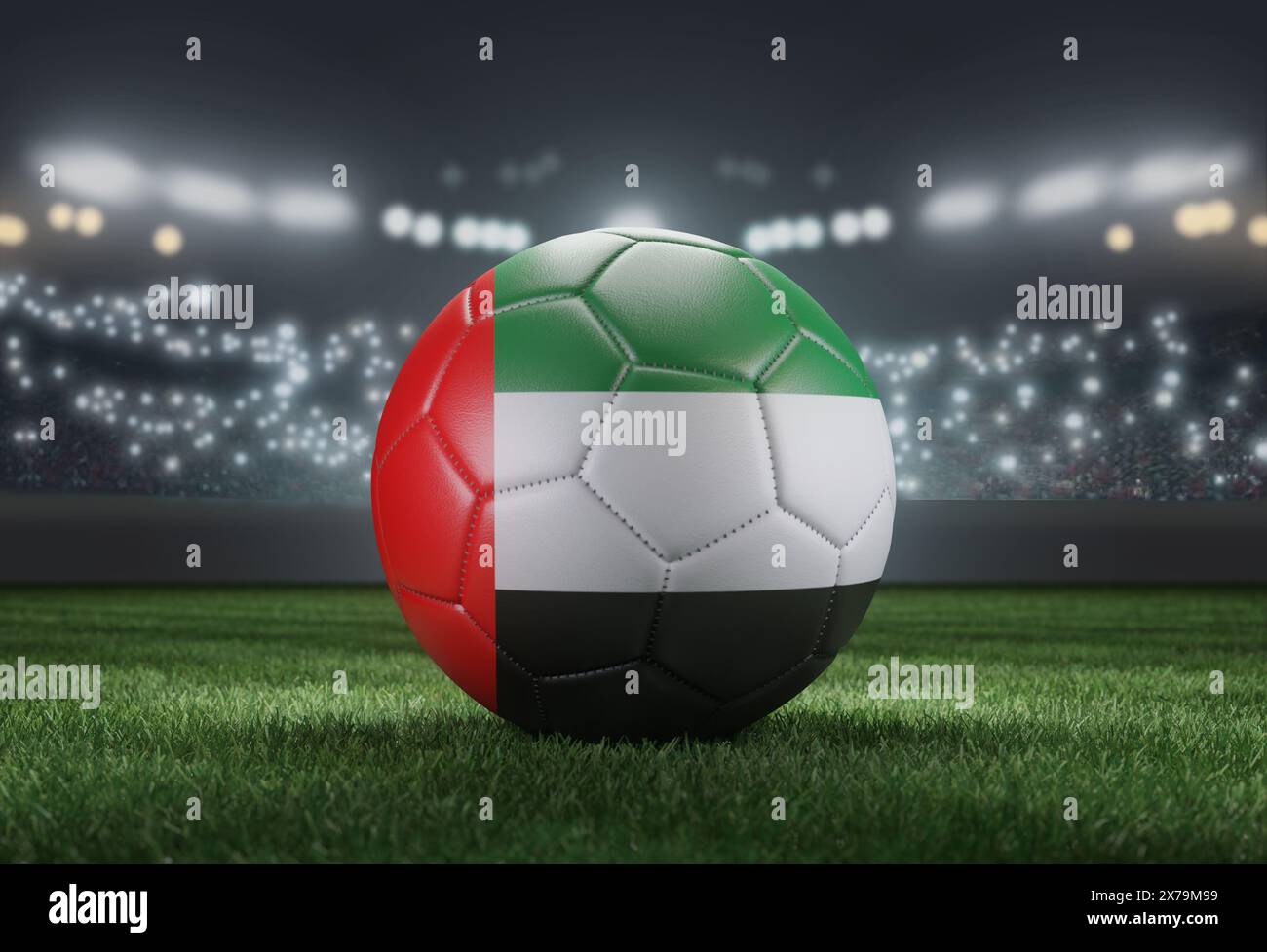 Soccer ball in flag colors on a bright blurred stadium background. UAE ...