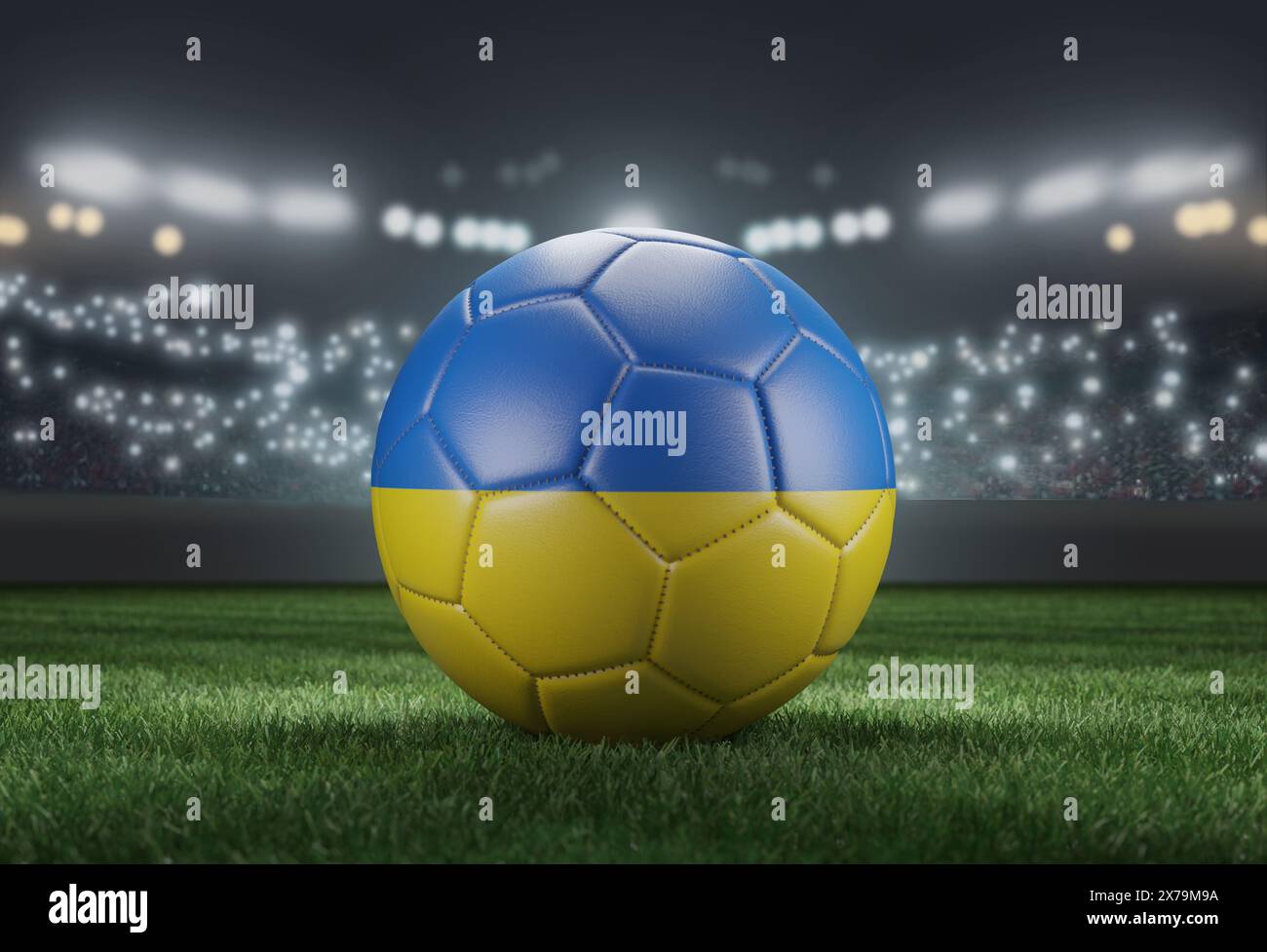 Soccer ball in flag colors on a bright blurred stadium background ...