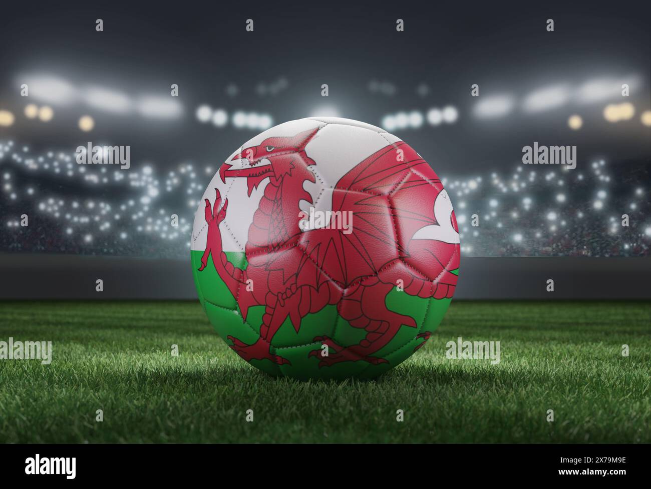 Soccer ball in flag colors on a bright blurred stadium background ...