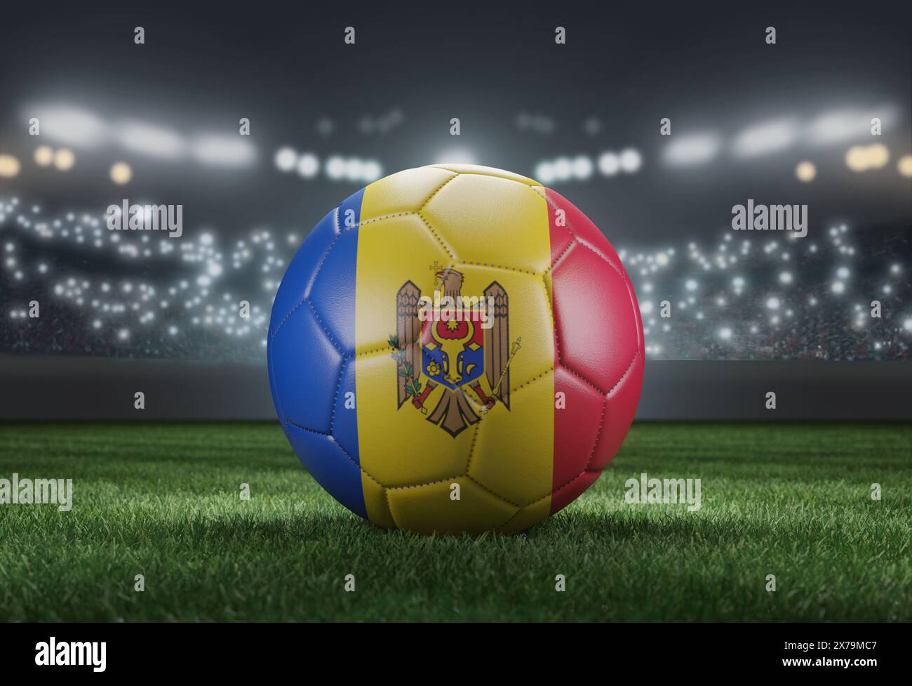 Soccer ball in flag colors on a bright blurred stadium background ...