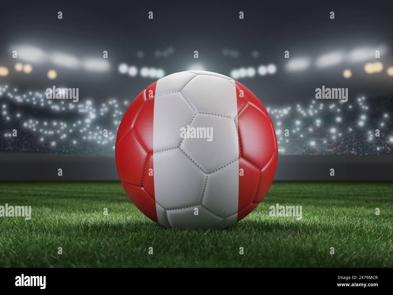 Soccer ball in flag colors on a bright blurred stadium background. Peru ...