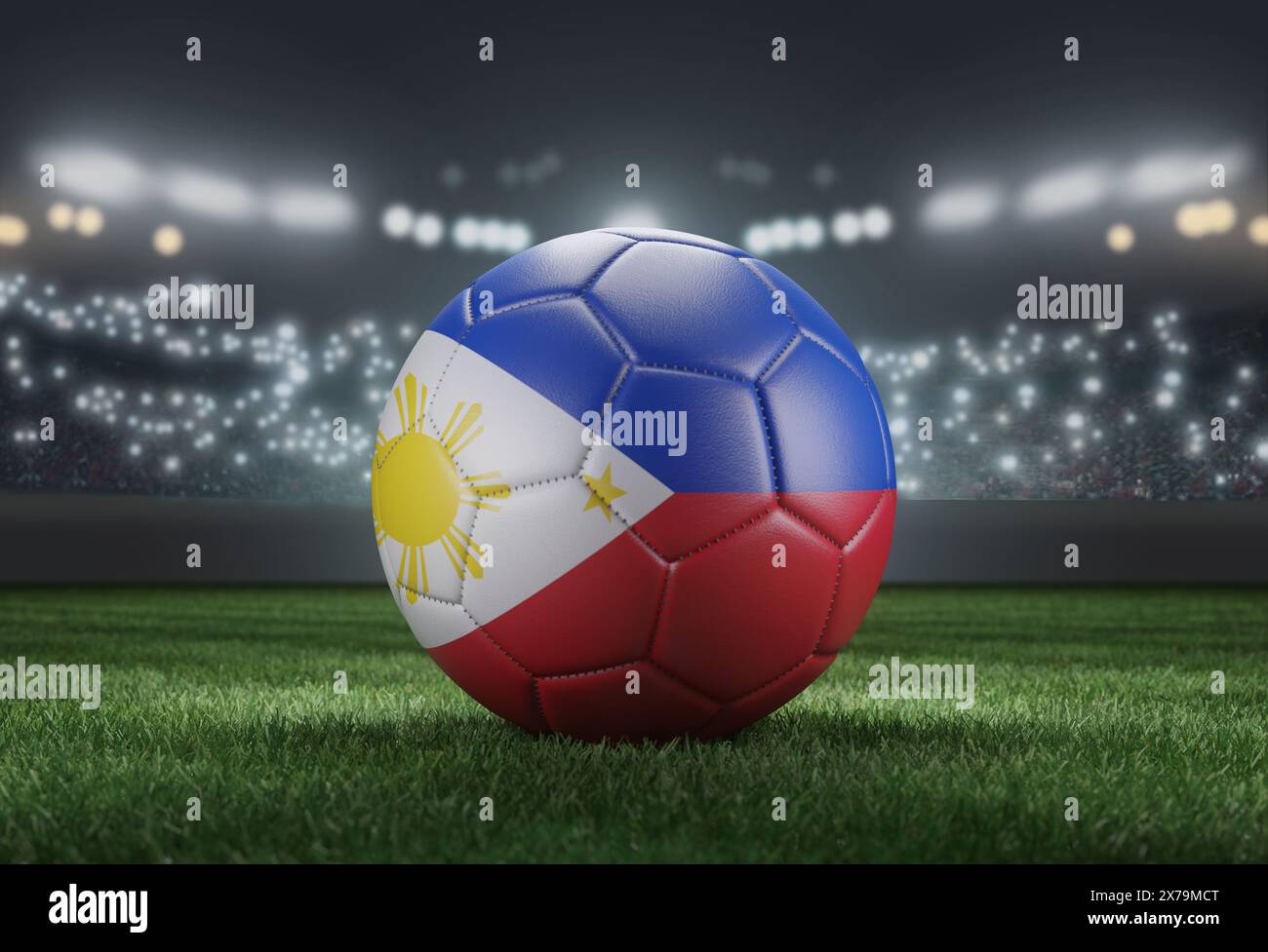 Soccer ball in flag colors on a bright blurred stadium background ...