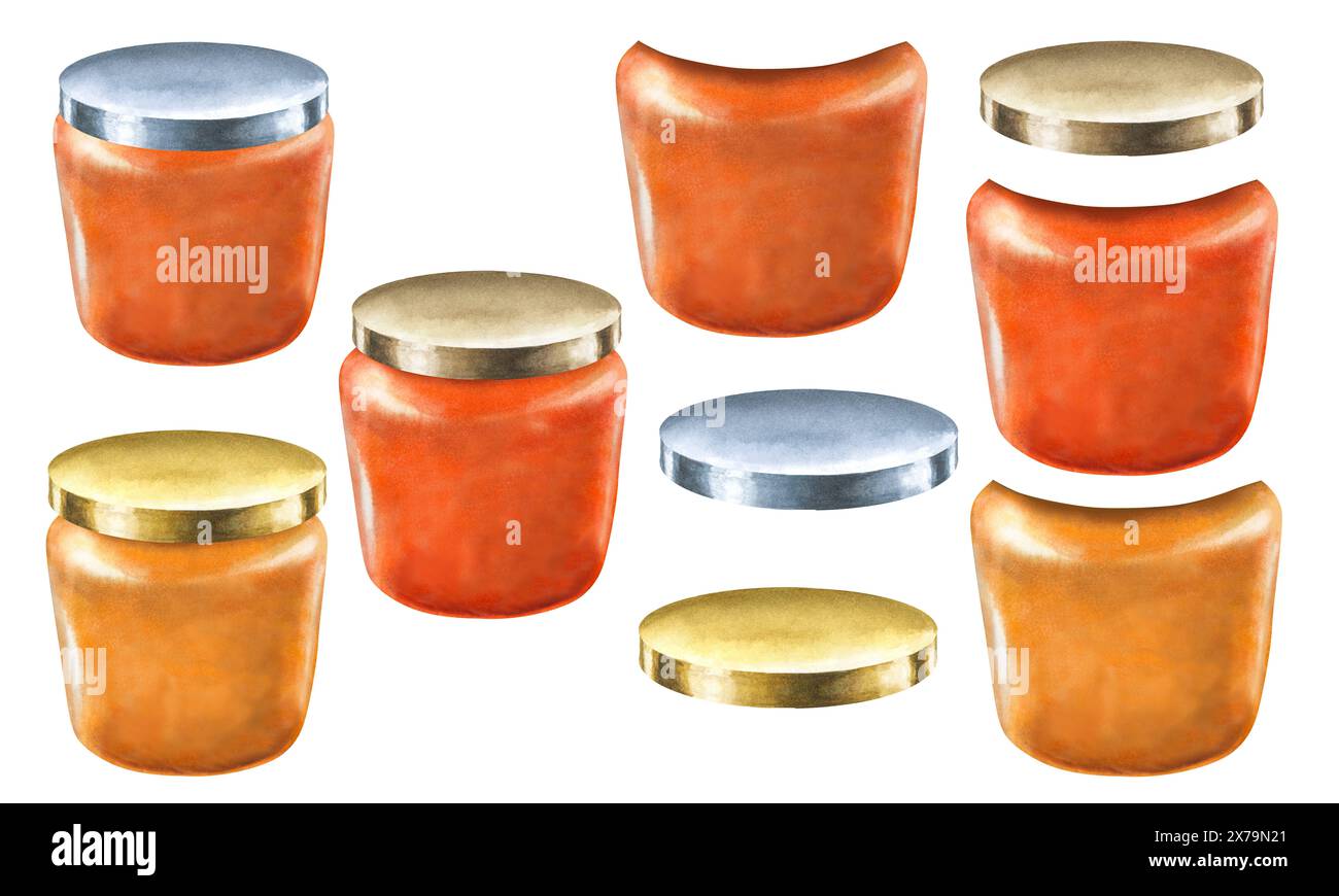 Glass jars with apricots jam, closed with a metal lids. Watercolor ...