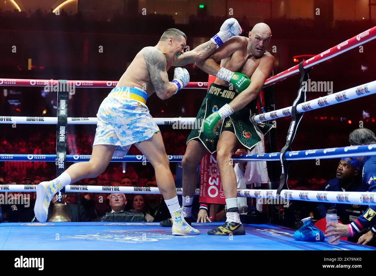Oleksandr Usyk (left) lands a punch on Tyson Fury during the ...
