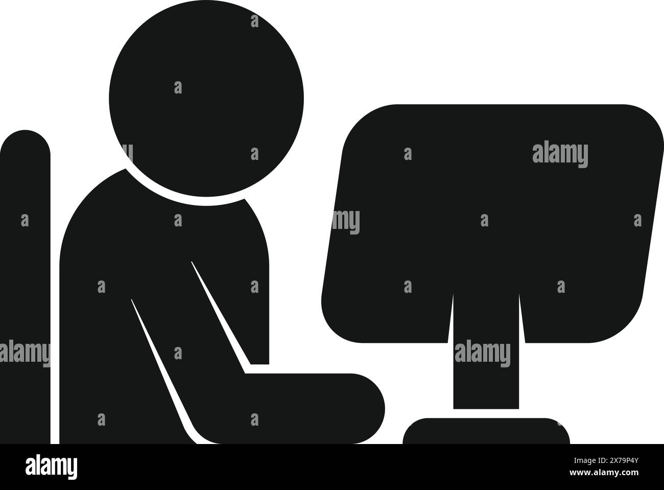 Simple black and white icon depicting a person seated at a desk with a computer monitor Stock ...