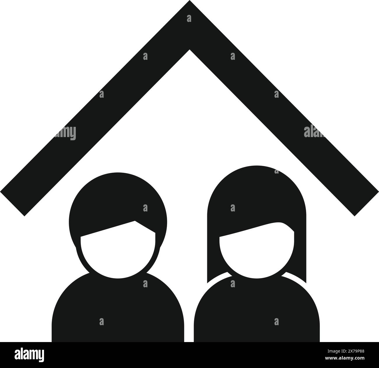 Graphic icon featuring a simple house roof over a duo of abstract human ...