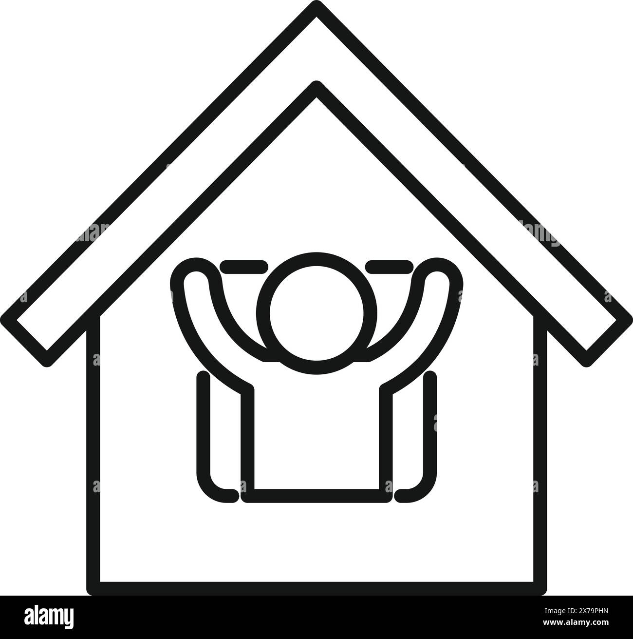 An outline icon representing a person with raised arms inside a house ...