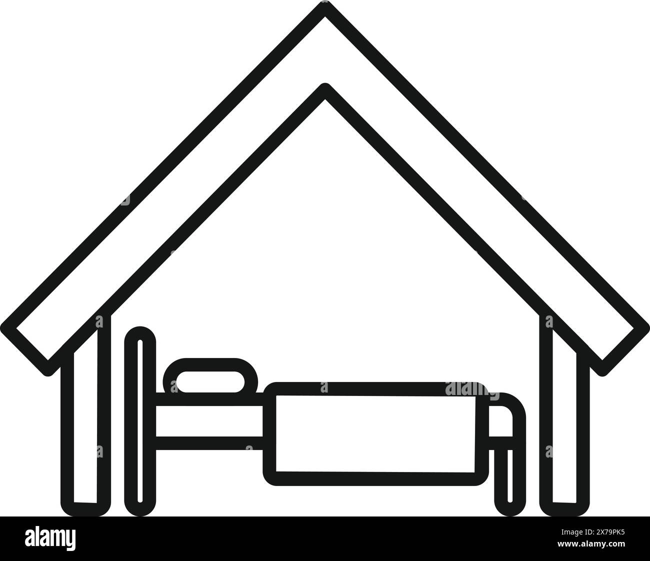 Simple line drawing of a house with a bed icon, representing home or ...