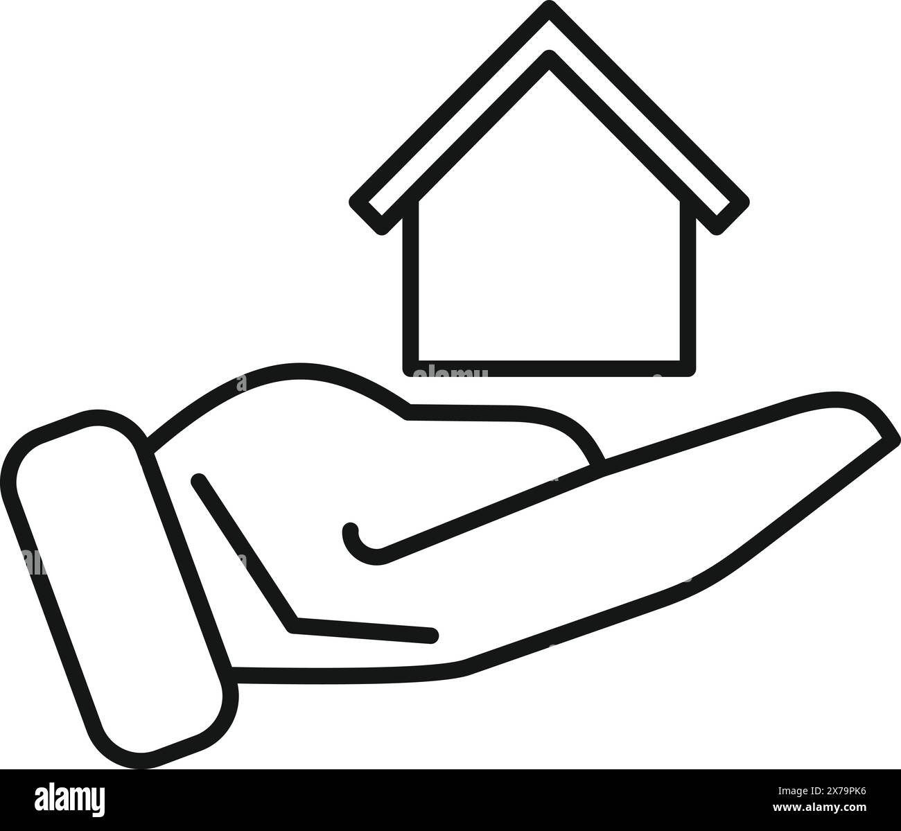 Line drawing of a hand holding a simple house symbol, representing home ...