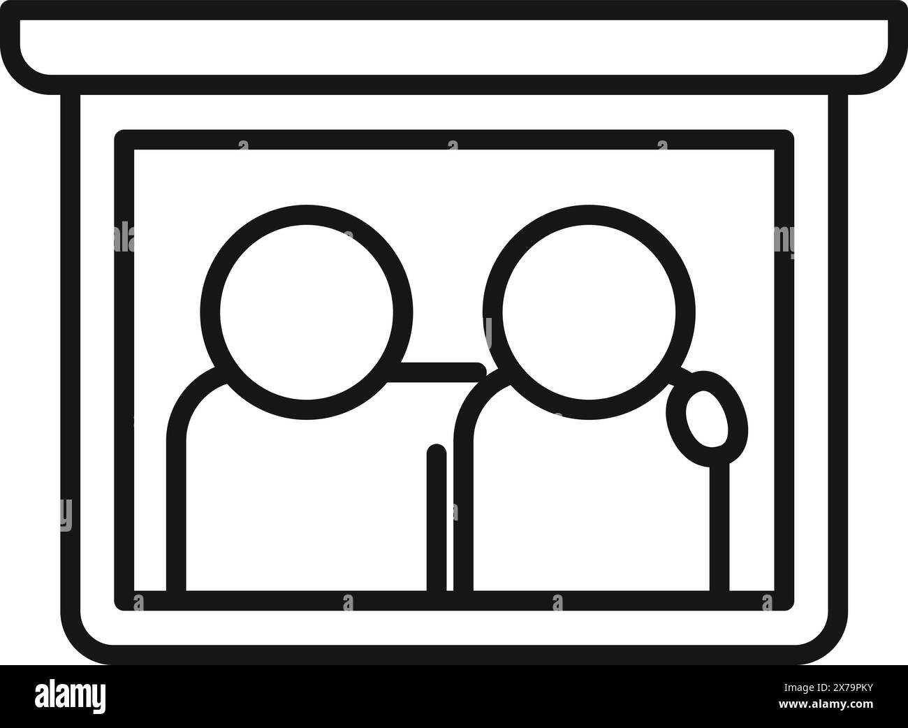 Simplistic line art icon depicting two individuals at a service counter ...