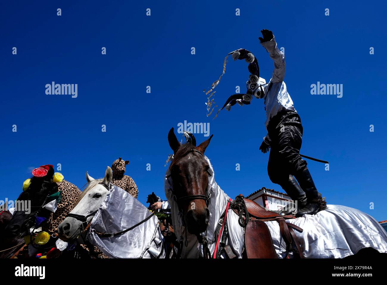A horseman, wearing a decorative bull mask, stands on his horse during ...