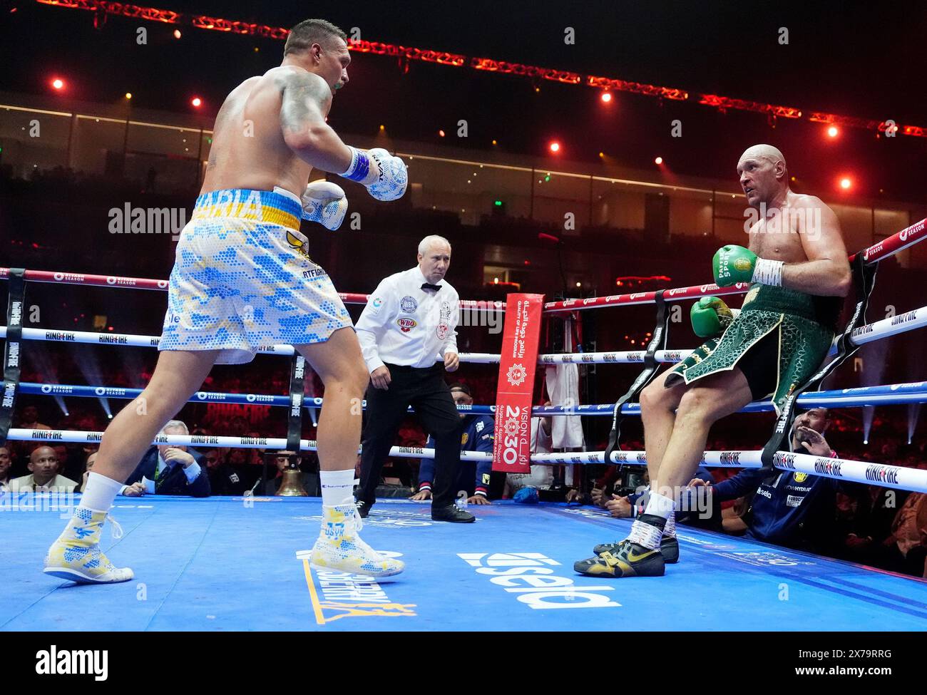 Tyson Fury (right) rocks into the ropes after Oleksandr Usyk lands big ...
