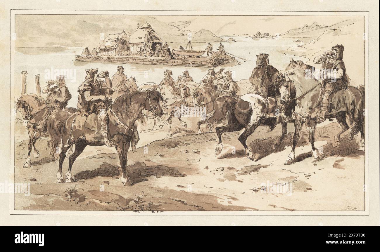 Ancient Belgae men on horseback wearing bearskins blowing on conch ...