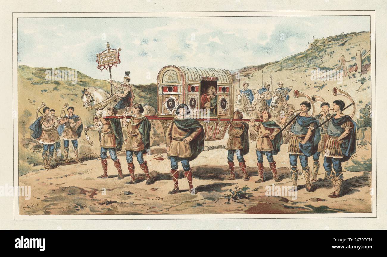 Frankish noblewoman in luxury litter carried by four porters with ...