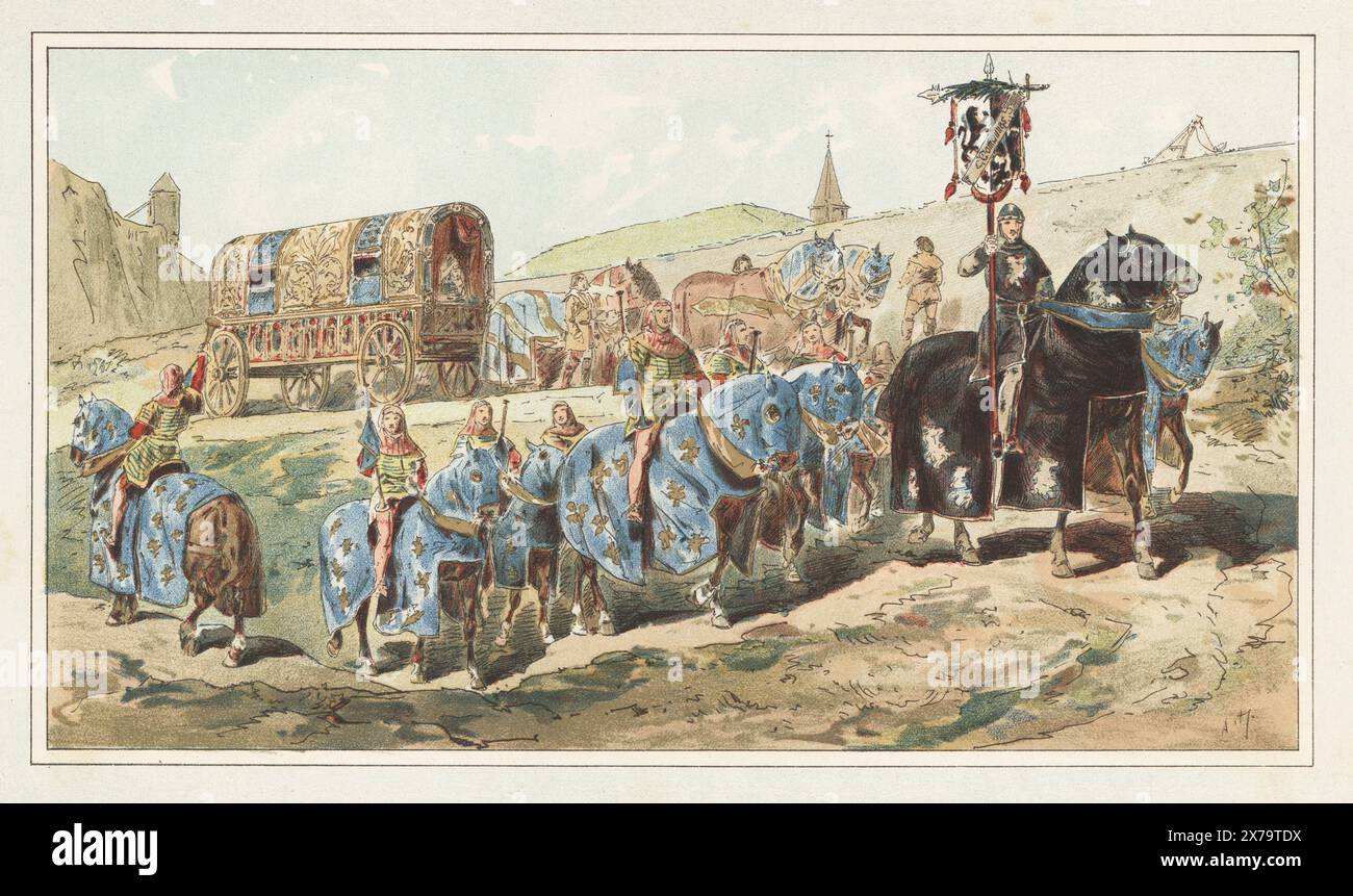 Noblewoman's travel carriage drawn by four horses, covered with a gold ...