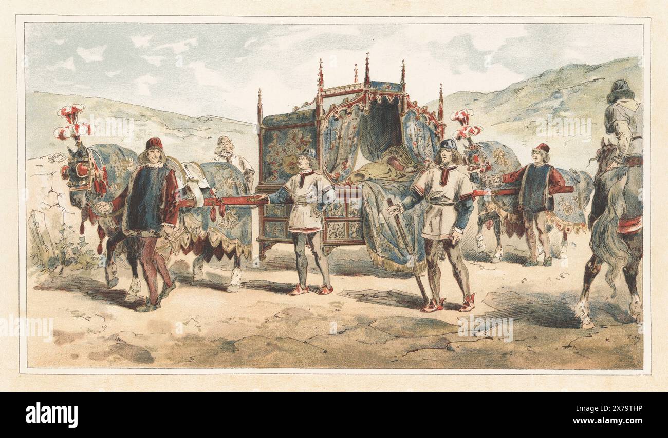 The red litter of the Lady of Basel. She reclines on a bed in an ...