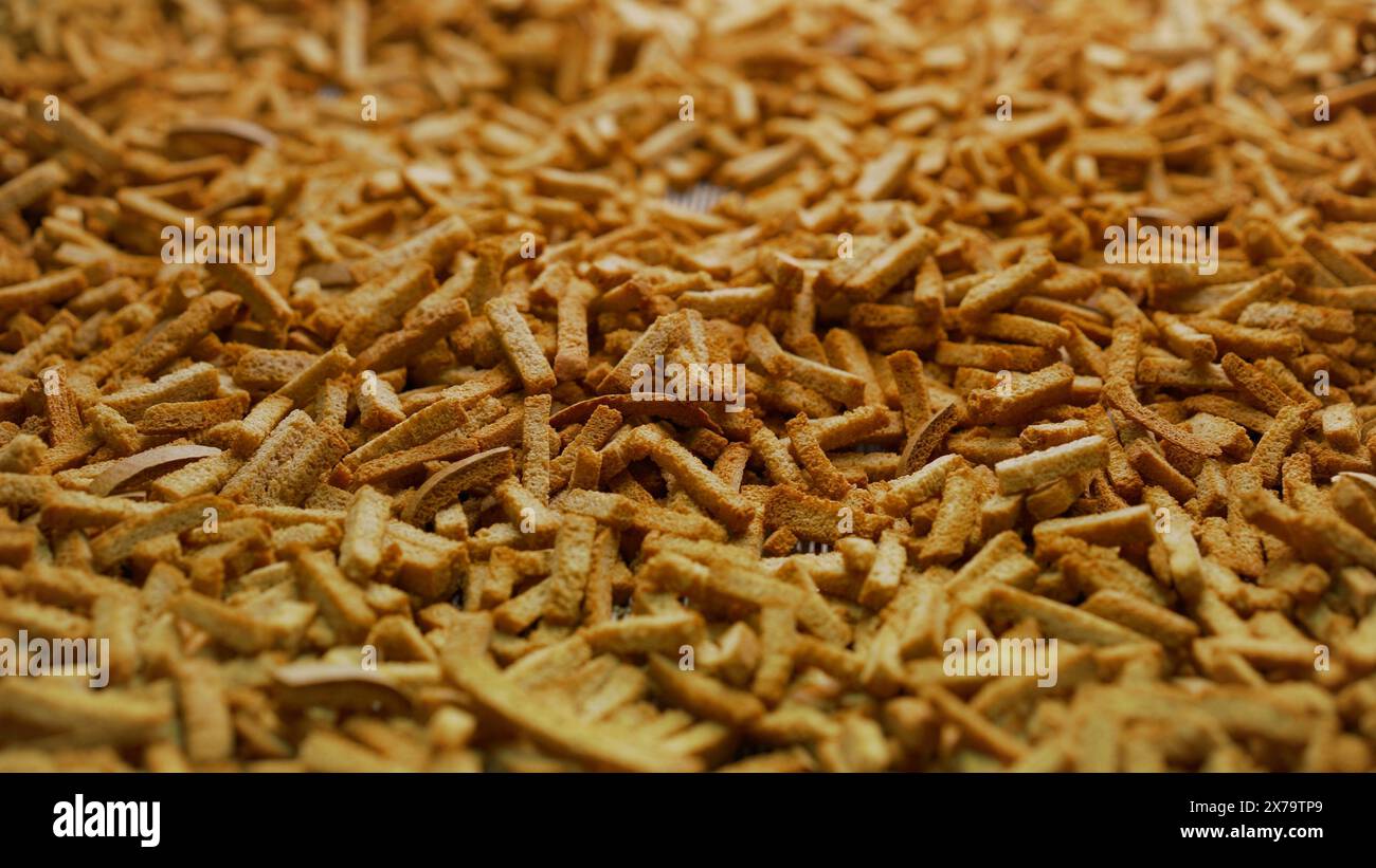 Bread on a conveyor belt. Delicious bread crumbs, sliced. Bread ...