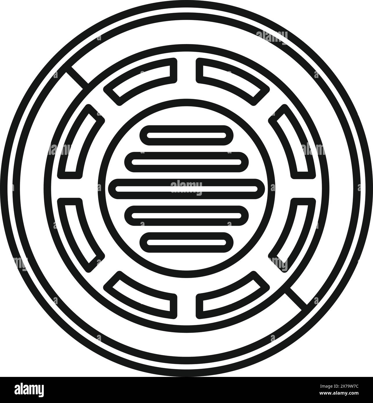Minimalistic black and white line art illustration of a circular maze ...
