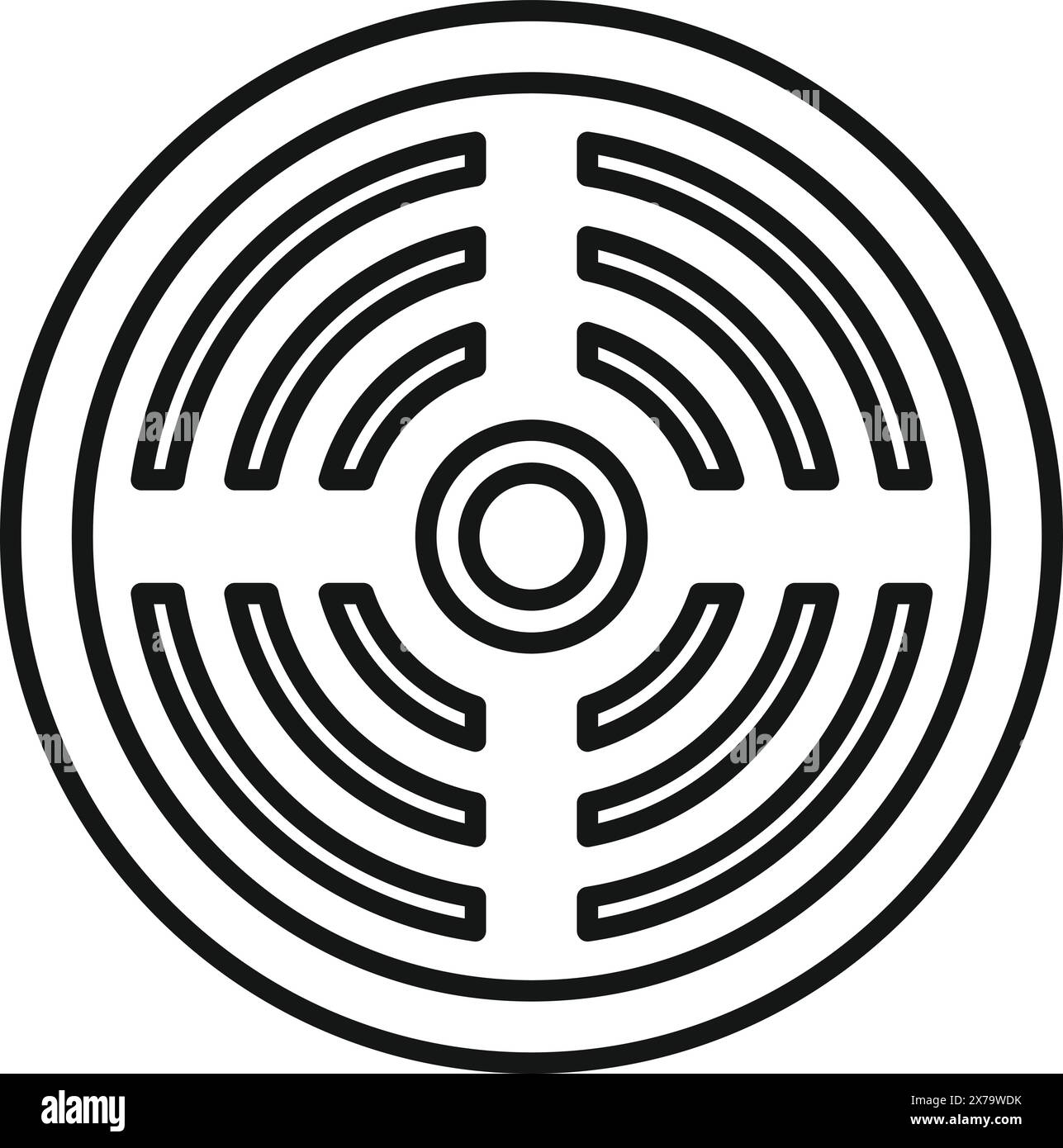 Simple maze design with a concentric circular pattern in black and ...