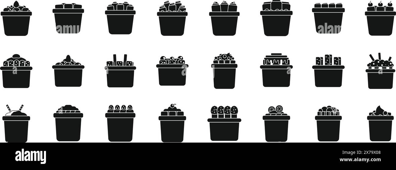 Stir fried ice cream simple vector icons. A collection of black and ...