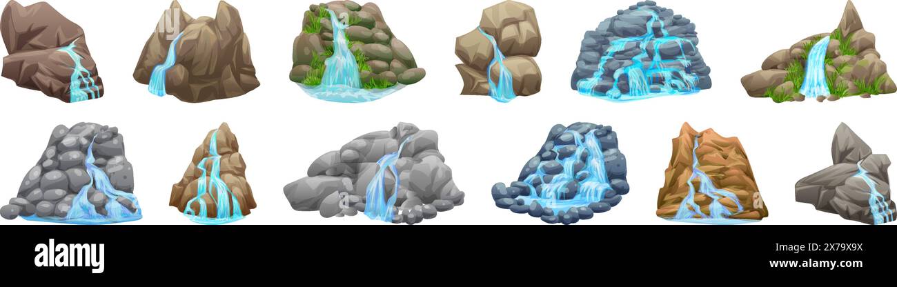 Cascade cartoon vector icons. A series of rock formations with water ...