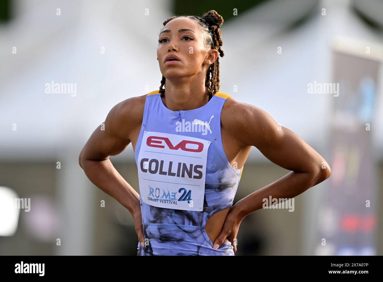 Shania Collins of United States reacts after competing in the 100m ...