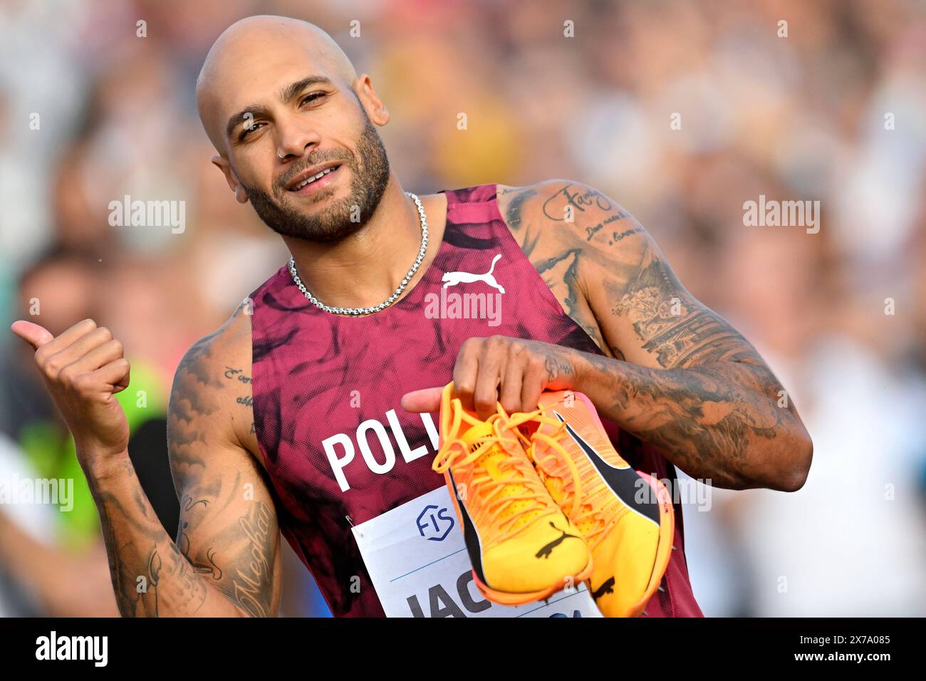 Rome, Italy. 18th May, 2024. Italy's Marcell Jacobs, Olympic champion ...