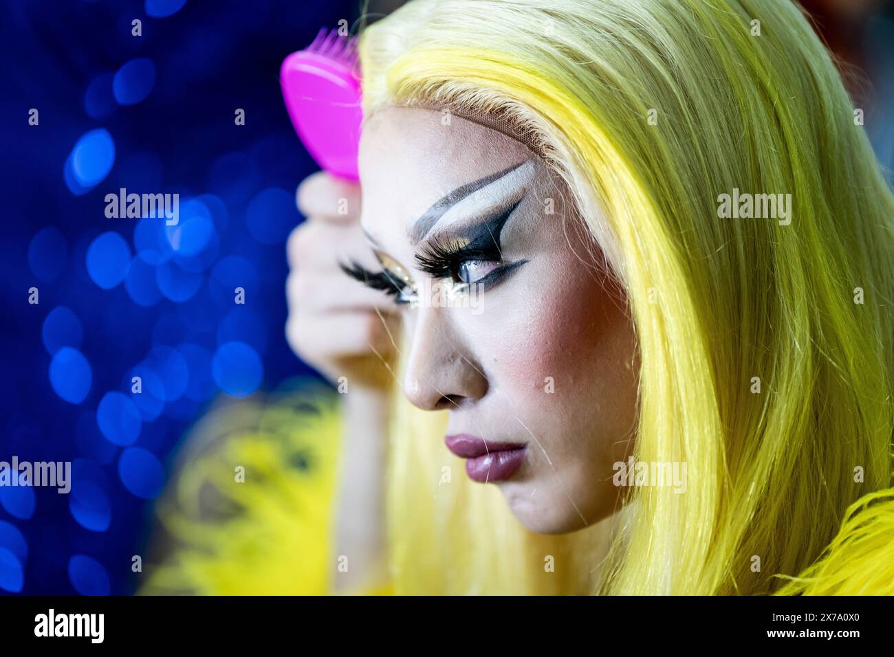 Thailand. 18th May, 2024. Nymphia Wind touches up her makeup backstage ...
