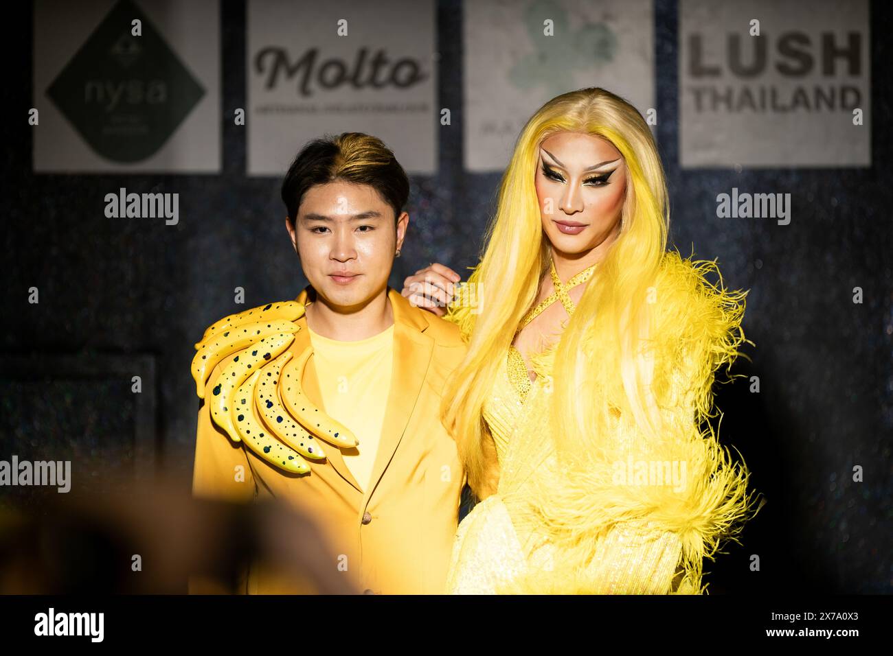 Thailand. 18th May, 2024. Nymphia Wind takes photos with a fan dressed ...