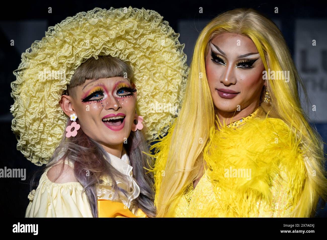 Thailand. 18th May, 2024. Nymphia Wind takes photos with a fan dressed ...