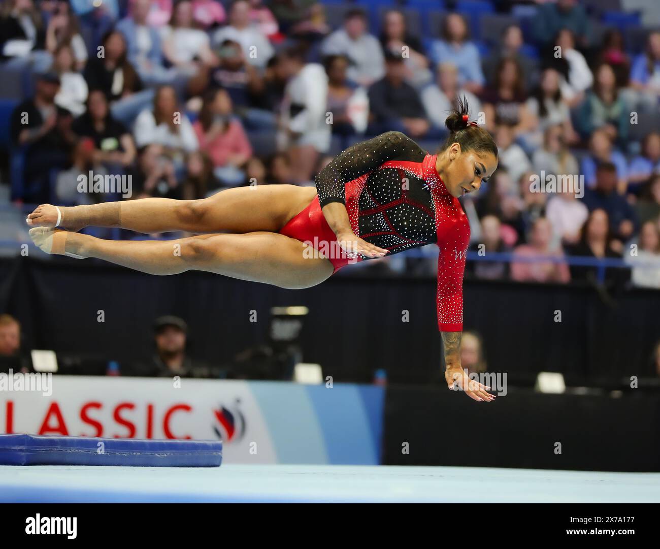 Hartford, CT, USA. 18th May, 2024. Jordan Chiles competes on the floor ...