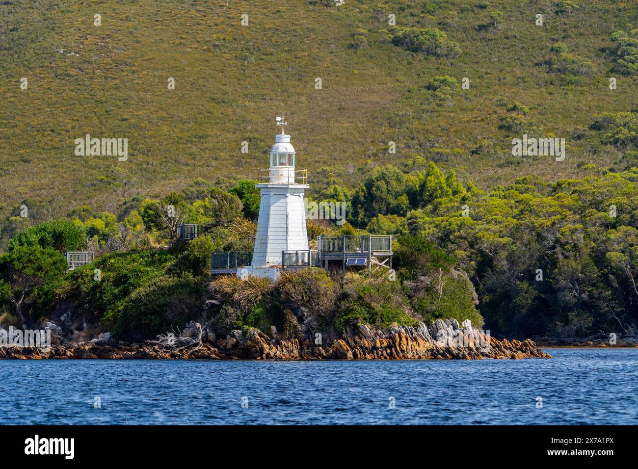 Historic Bonnet Island Lighthouse near entrance to Macquarie Harbour ...