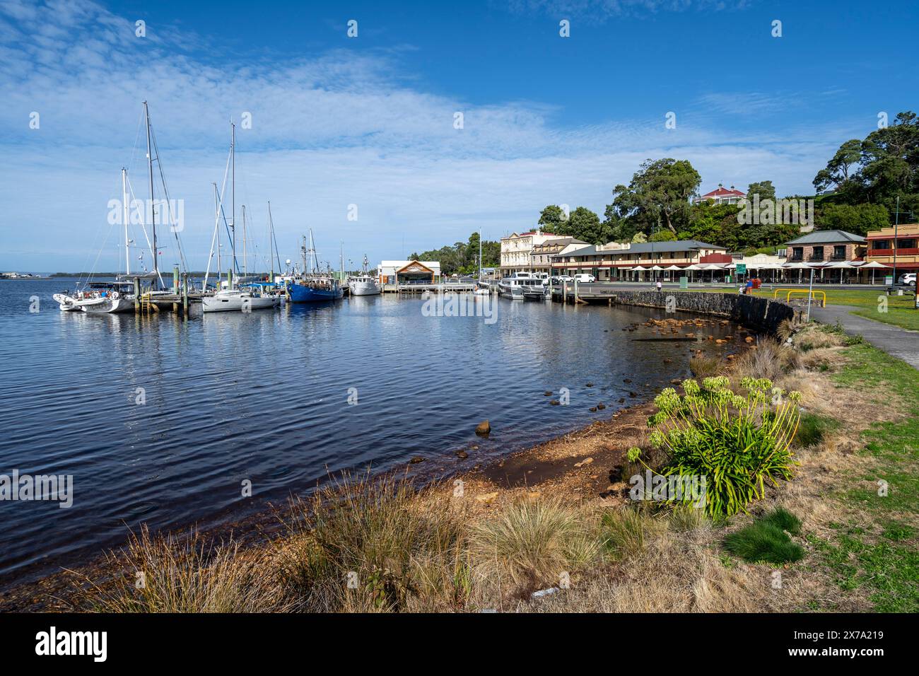 Strahan waterfront and town wharf, Strahan, West Coast Tasmania Stock ...
