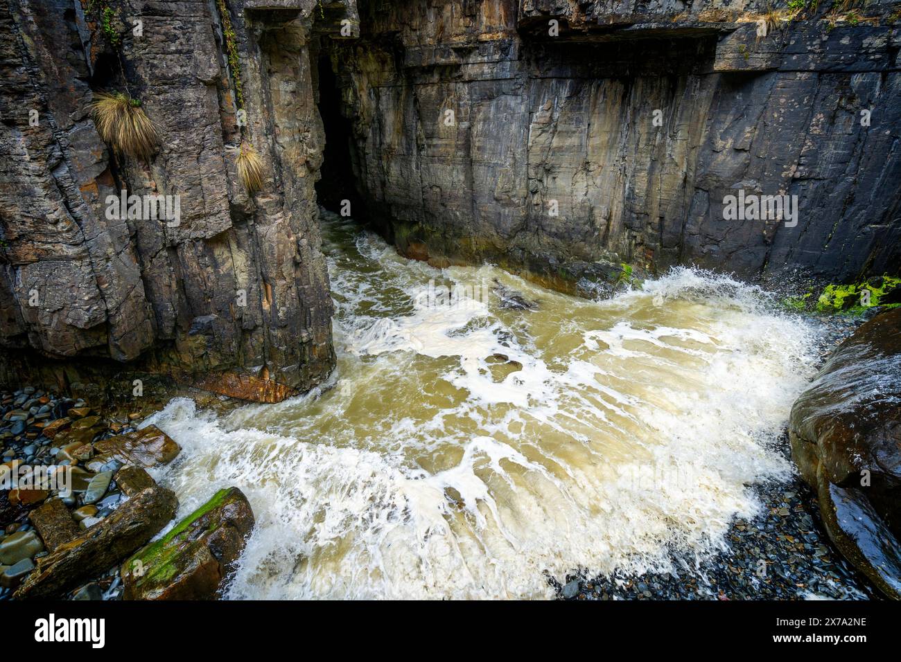 Ocean swell rushing through narrow chasm of Remarkable Cave, Maingon ...