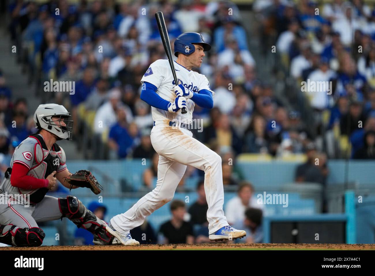 Los Angeles Dodgers' Freddie Freeman singles during the fifth inning of ...