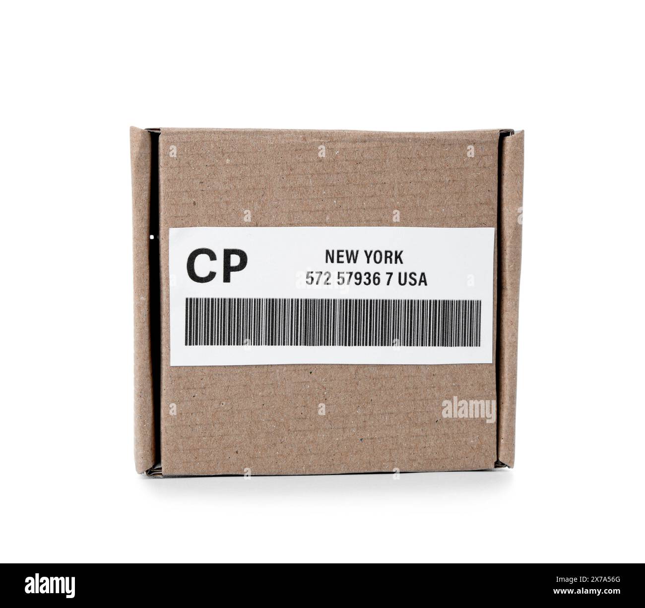 Cardboard packages with shipping label and barcode on white background ...
