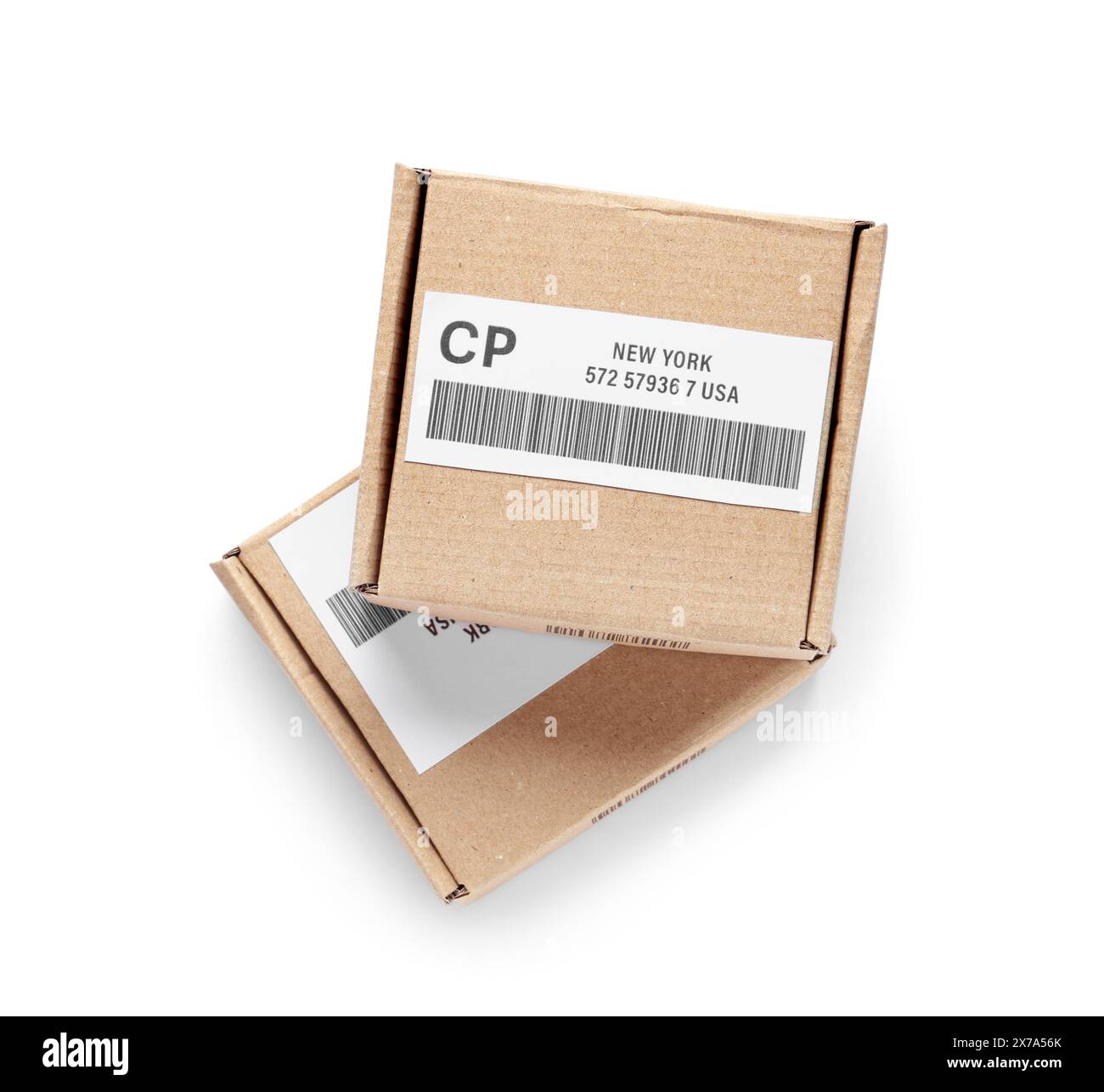 Cardboard packages with shipping labels and barcodes on white ...