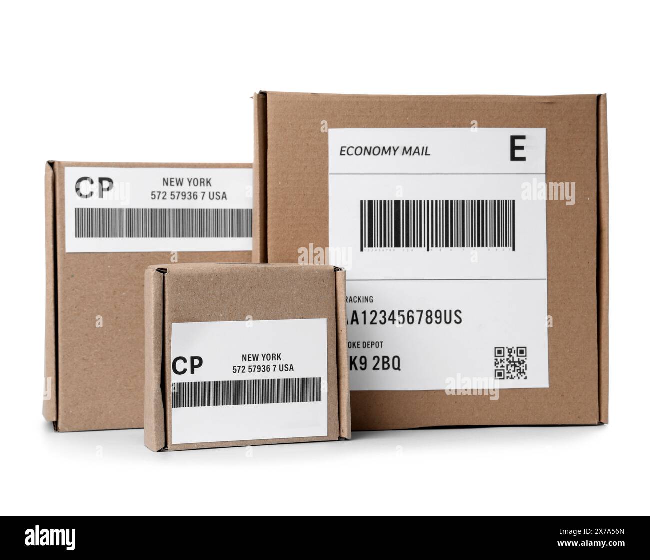 Cardboard packages with shipping labels and barcodes on white ...