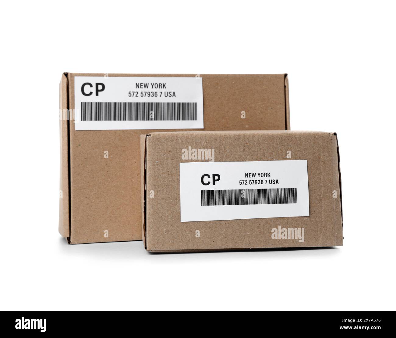 Cardboard packages with shipping labels and barcodes on white ...