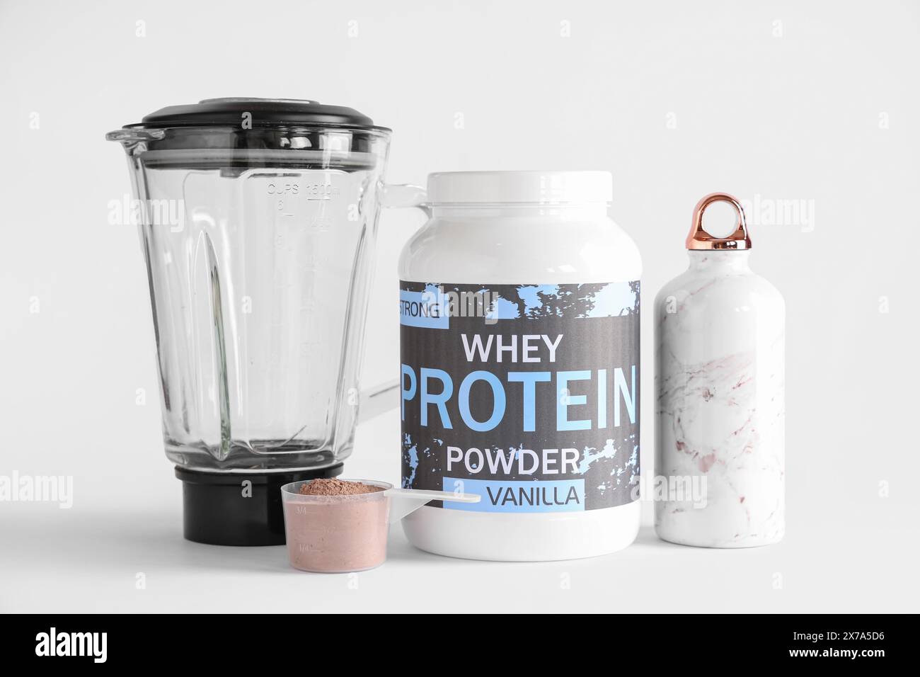 Bottle of protein powder, water and blender on light background Stock ...