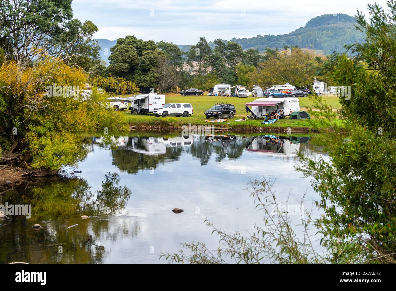 Campers and caravanners camping on banks of Leven River, Tasmania Stock ...