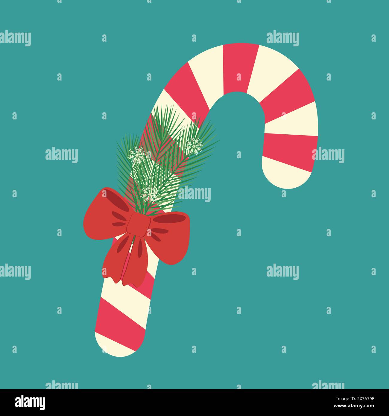 Candy cane with red bow and Christmas tree twigs with snowflakes in ...
