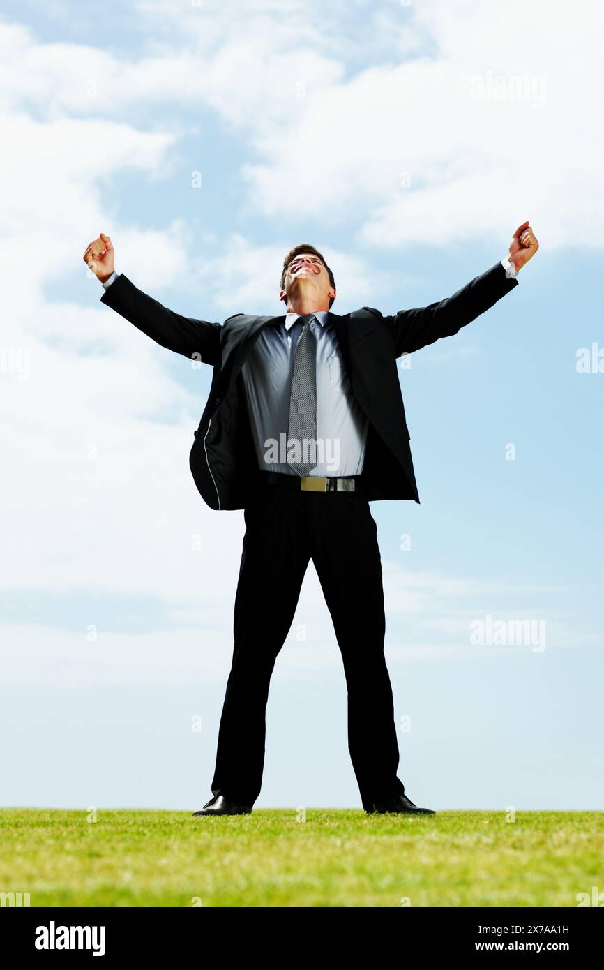 Celebrate, field and businessman with open arms for success, freedom ...