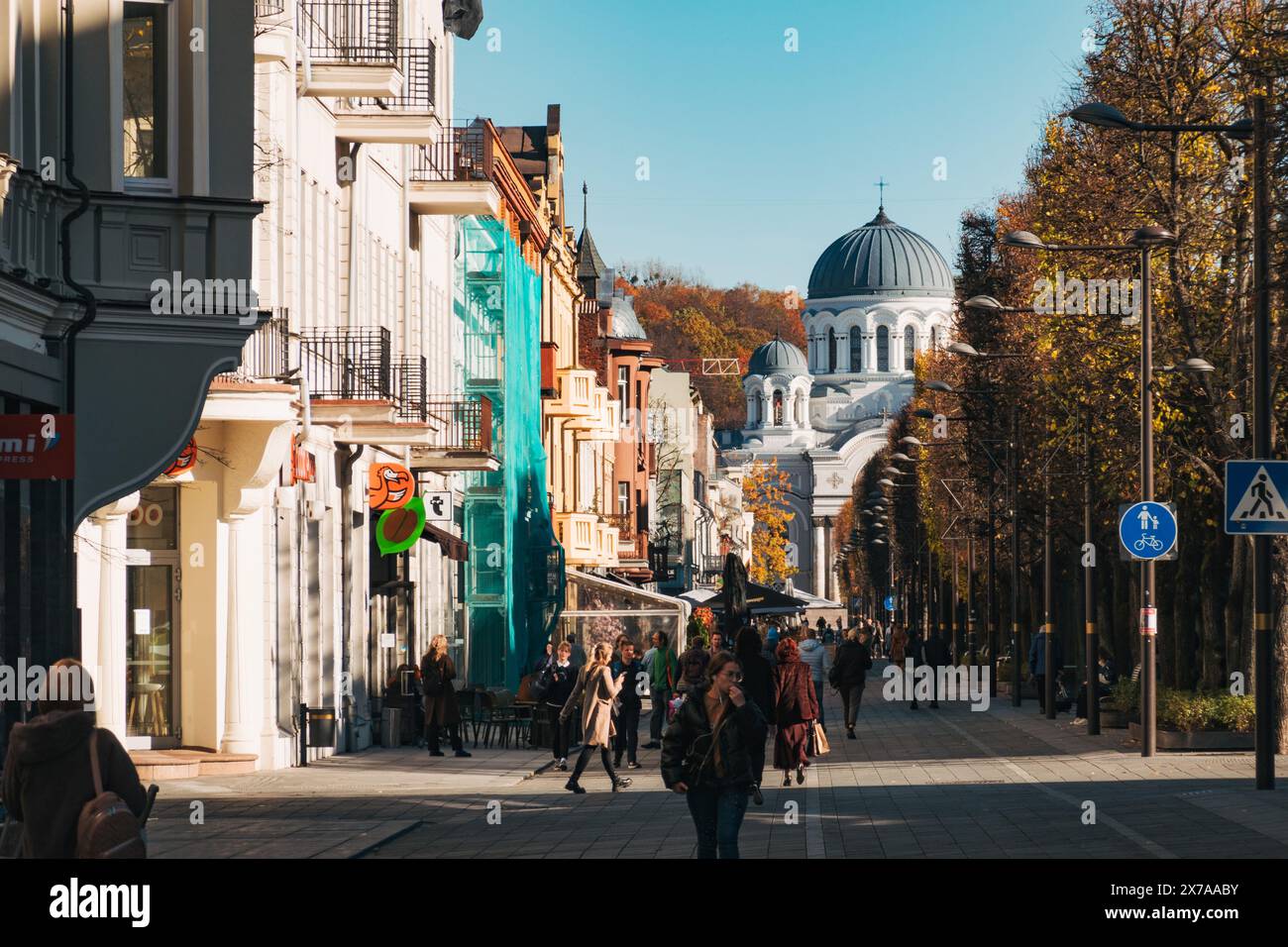 Laisvės (Liberty) Avenue on a clear autumn morning in Kaunas, Lithuania ...