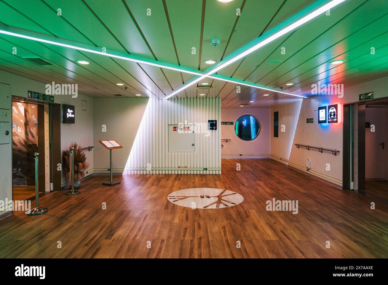 a lobby with green strip LED lighting on the DFDS ferry from Karlshamn ...